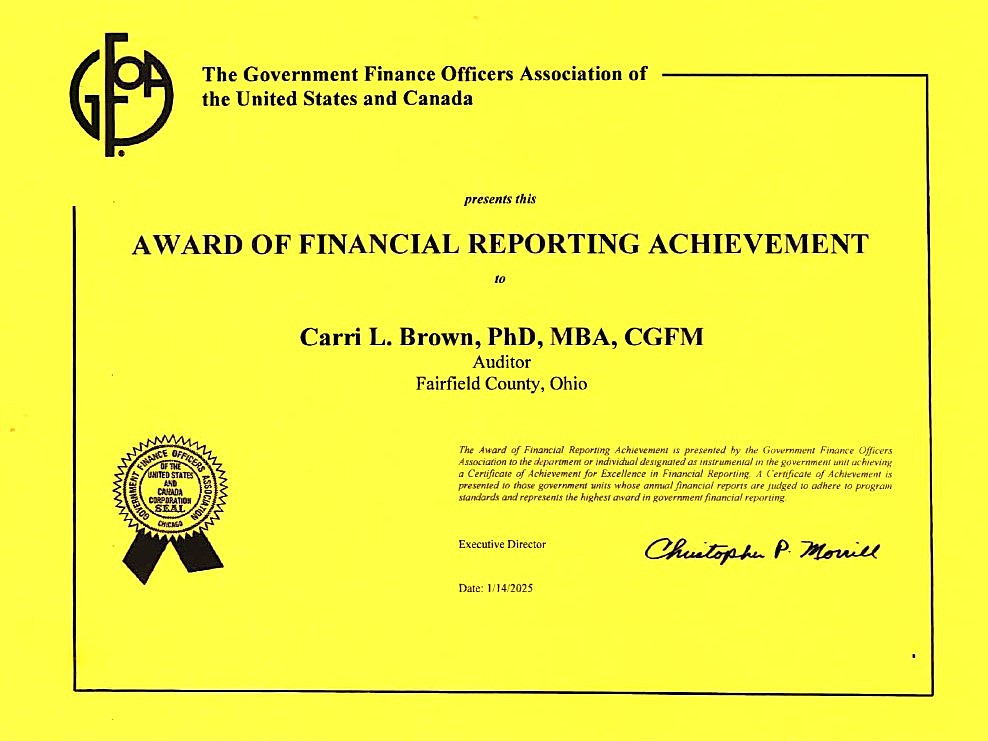 Auditor Brown Awarded Certificate of Excellence – Pickerington Online